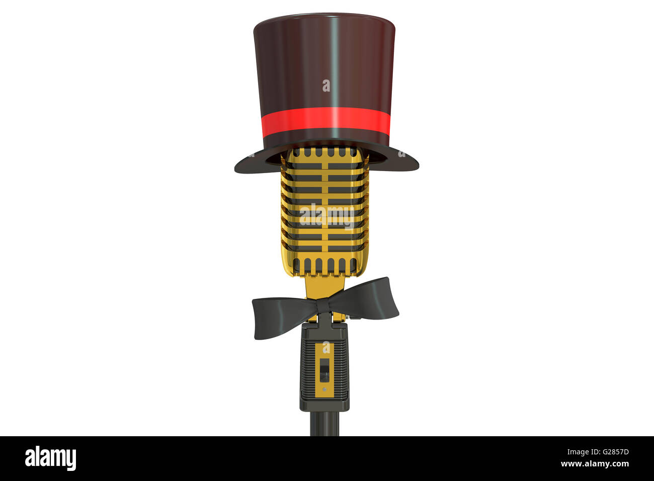 golden microphone with cylinder hat and bow tie, 3D rendering Stock ...