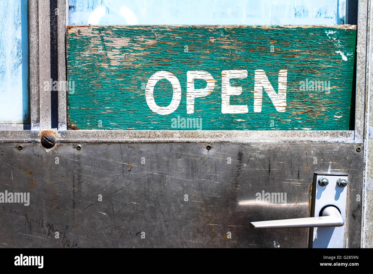 Open sign on an old greenhouse door Stock Photo - Alamy
