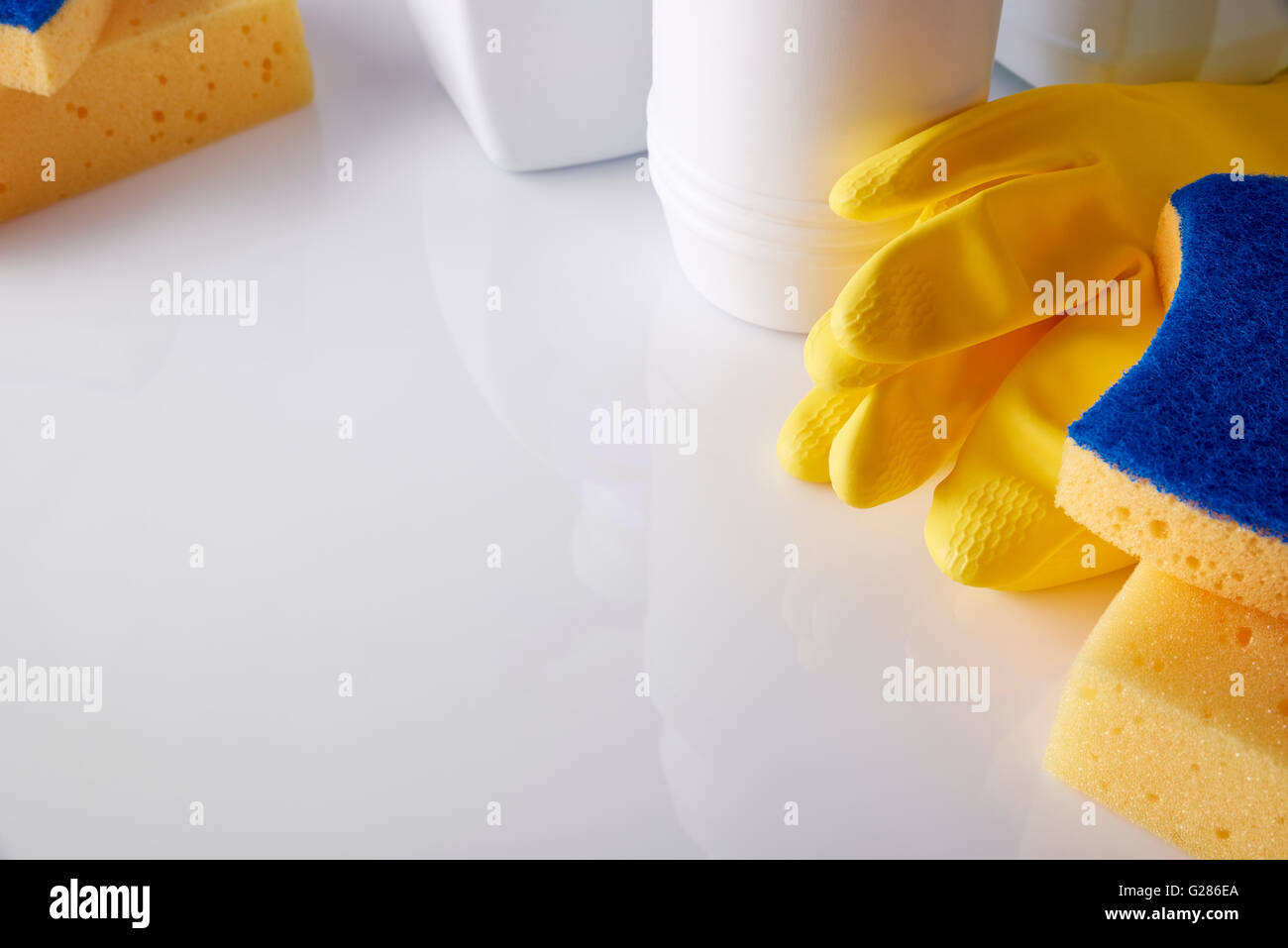 Professional cleaning equipment on white table. Cleaning tools company ...