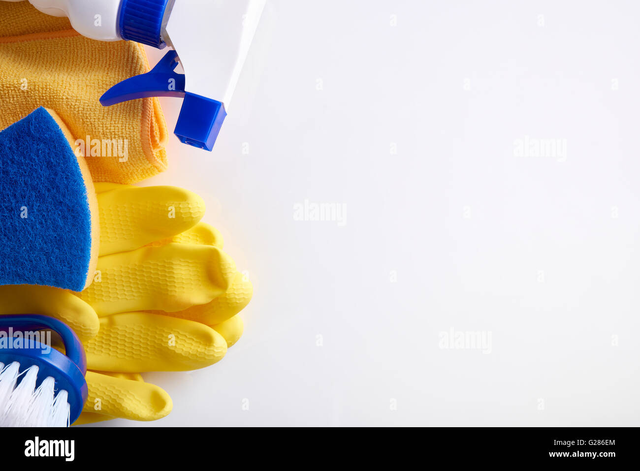 Professional cleaning equipment on white table. Cleaning tools company ...