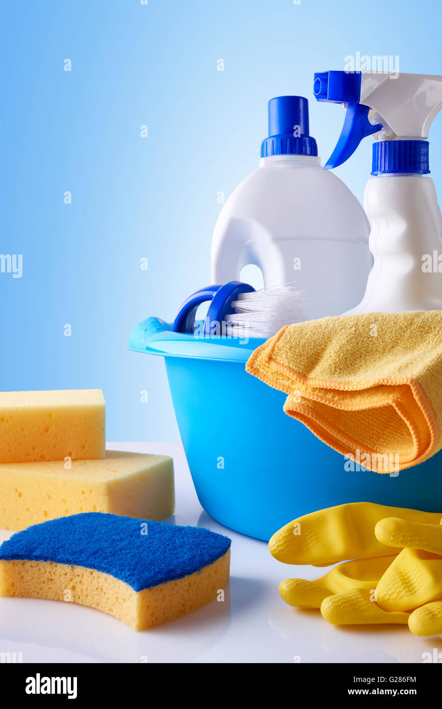 Professional cleaning equipment on white table overview vertical ...