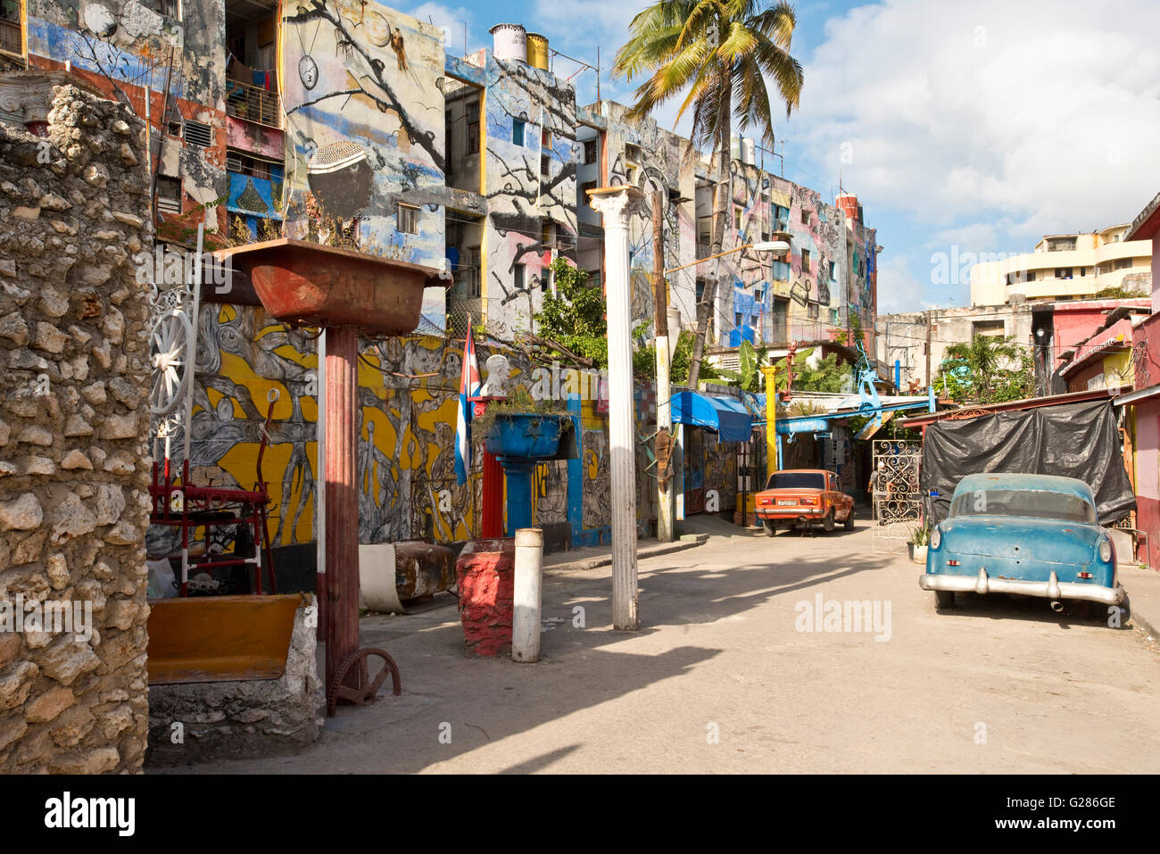 A view of the artwork in Hamel's Alley in Havana, Cuba using scrap ...