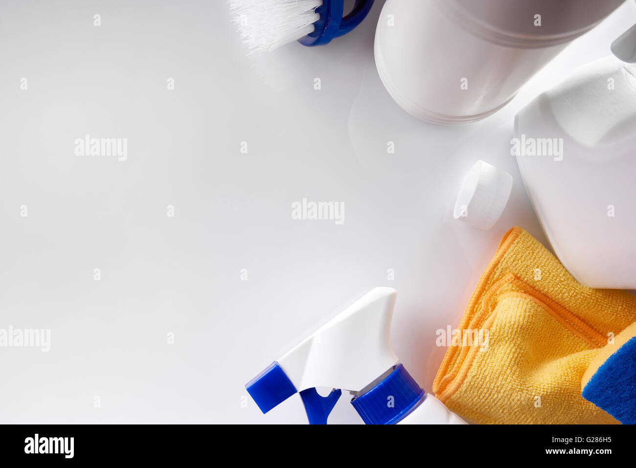 Professional cleaning equipment on white table. Cleaning tools company ...