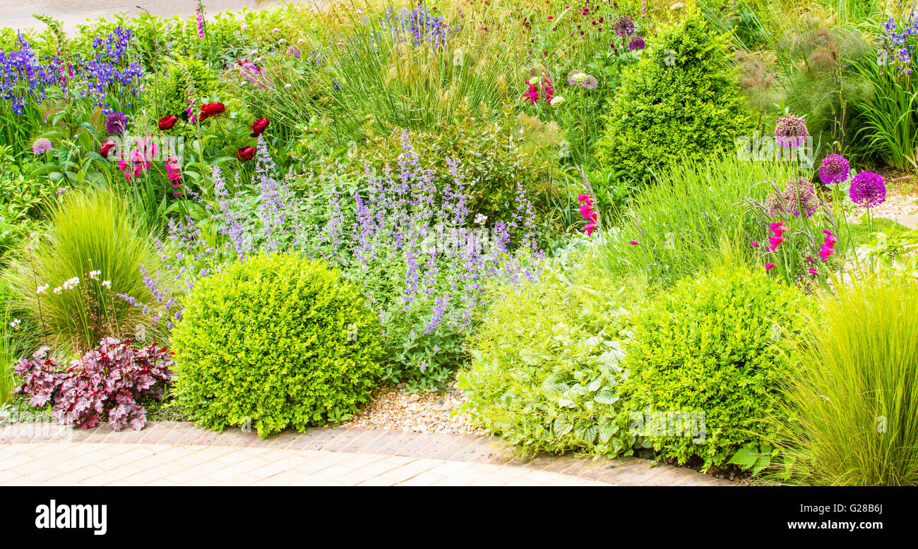 Colourful display of spring flowers in a north London garden, UK Stock ...