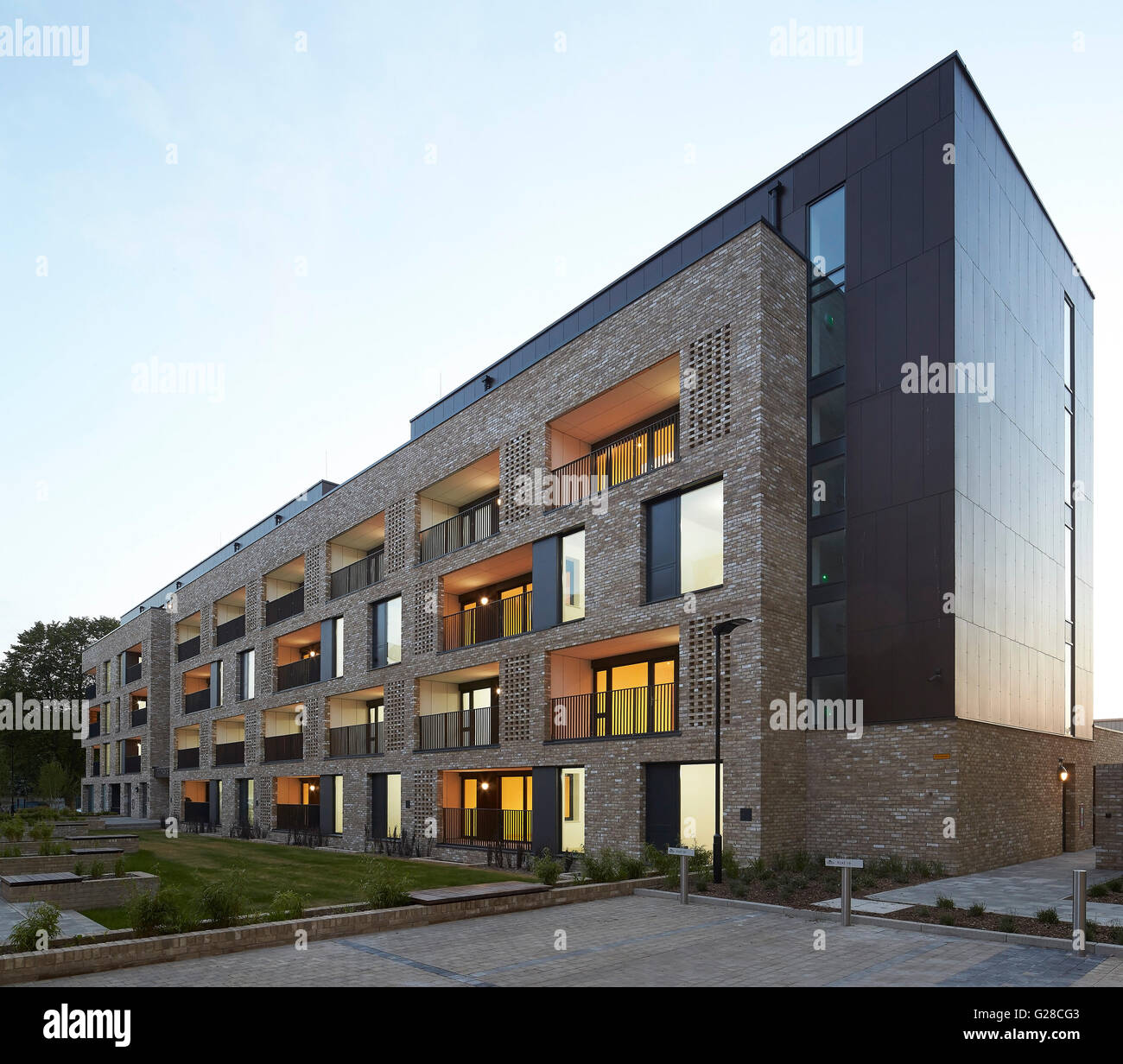 Facade perspective with balconies at dusk. Alpine Place, Brent, London ...