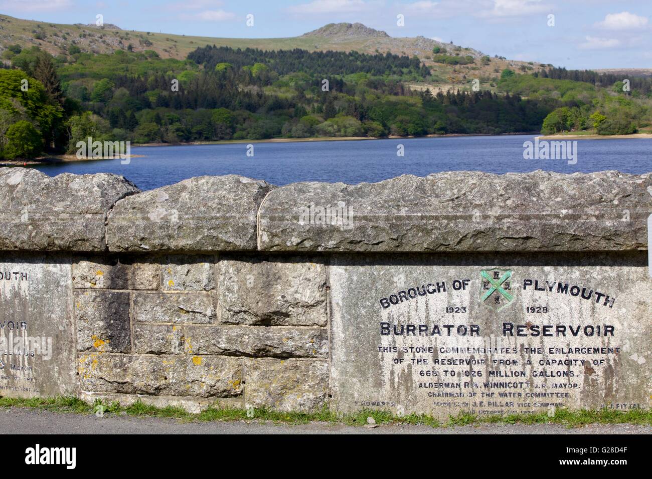 Commemorative stone at dam at Burrator Reservoir, Dartmoor, Devon, West ...