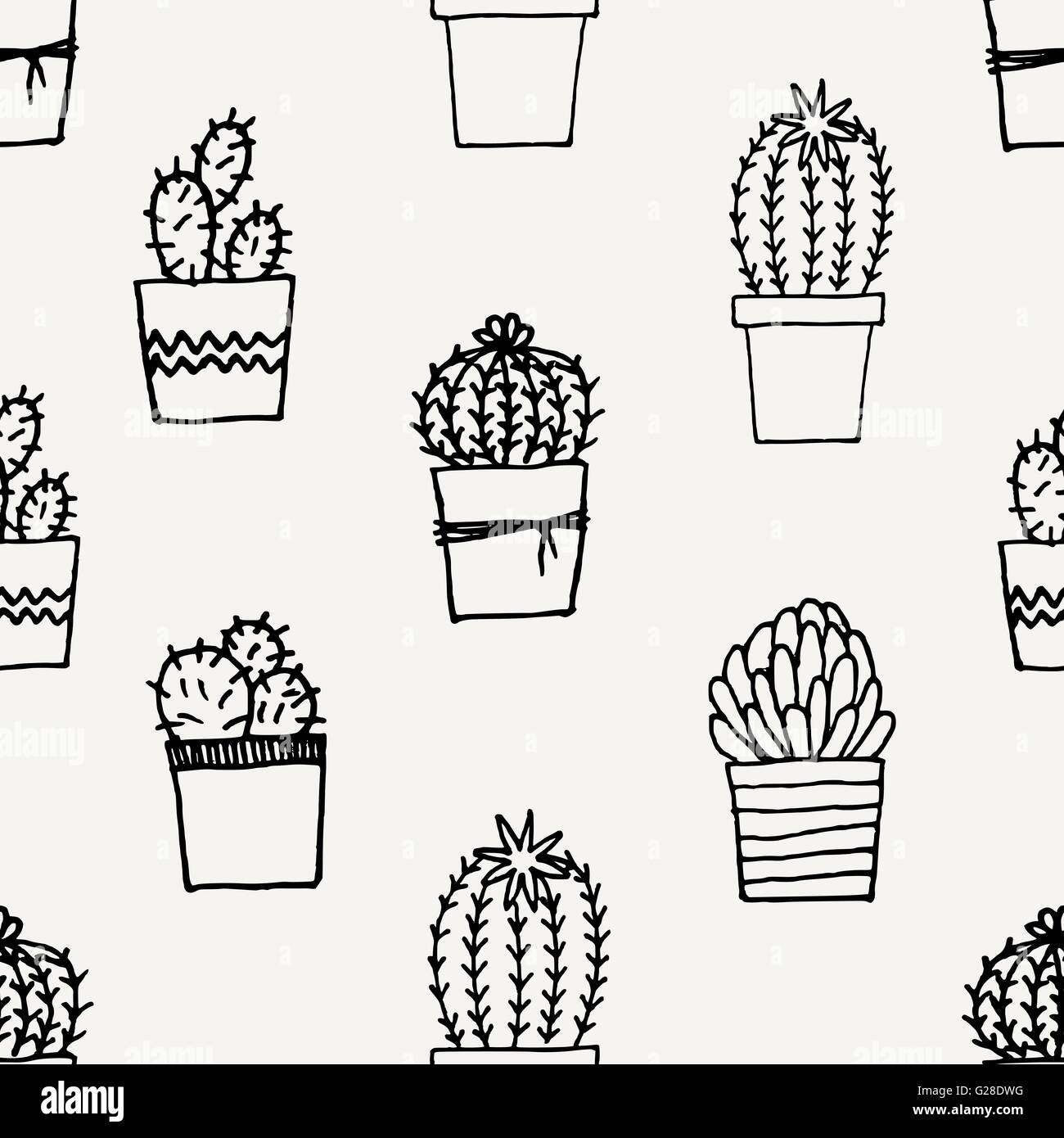 Hand drawn seamless repeat pattern with succulent plants in black and ...