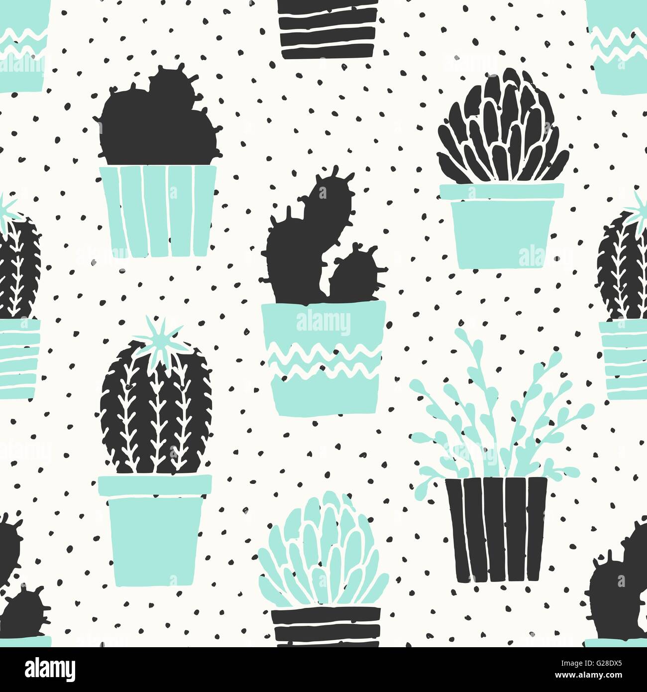 Hand drawn seamless repeat pattern with succulent plants in black ...