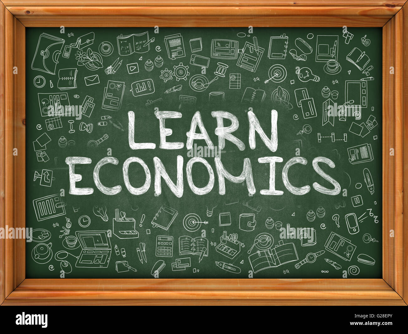 Hand Drawn Learn Economics on Green Chalkboard. Hand Drawn Doodle Icons ...