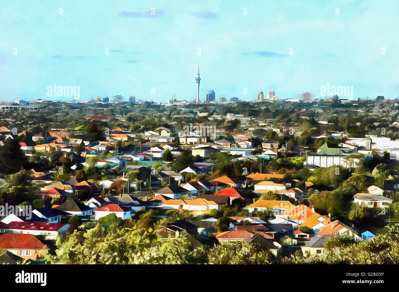 Digital painting of a View of a suburb with colourful houses against a ...