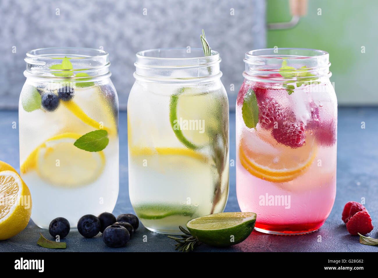 Variety of lemonade in jars Stock Photo - Alamy