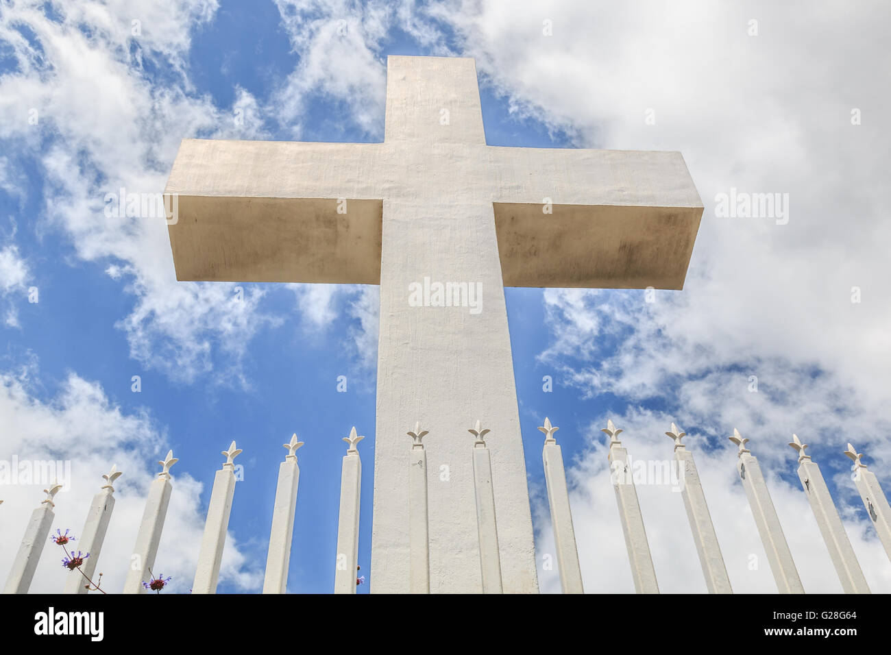 Front view of the Mt. Helix cross with fence railing and a background ...