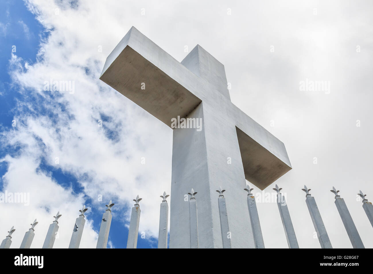 The historic Mt. Helix cross as seen from below with fence railing and ...