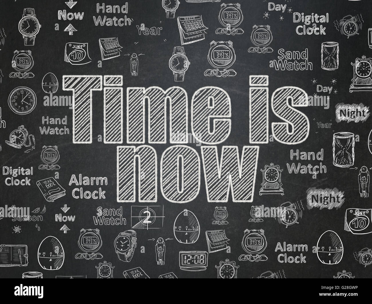Timeline concept: Time is Now on School board background Stock Photo ...