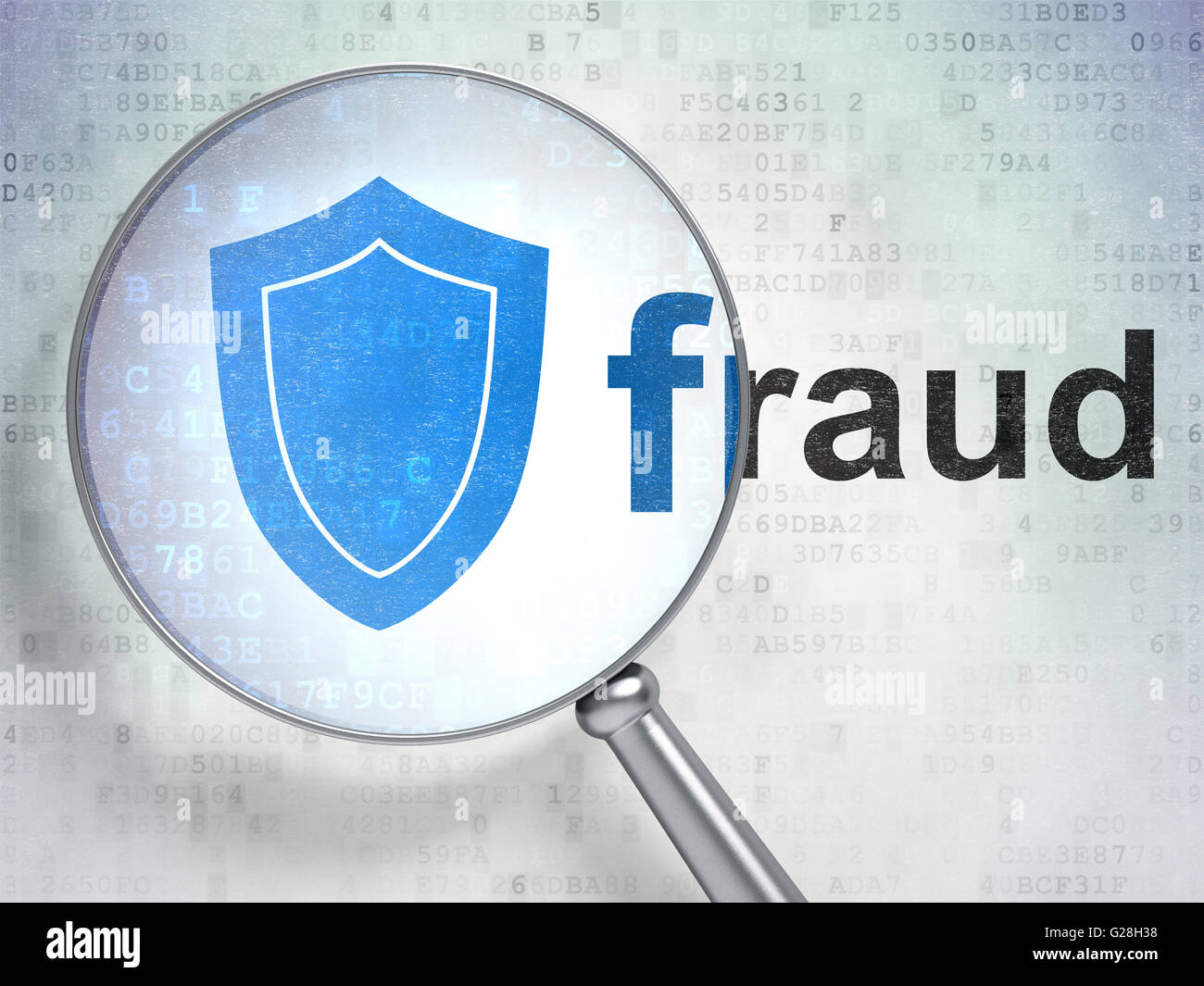 Security concept: Shield and Fraud with optical glass Stock Photo - Alamy