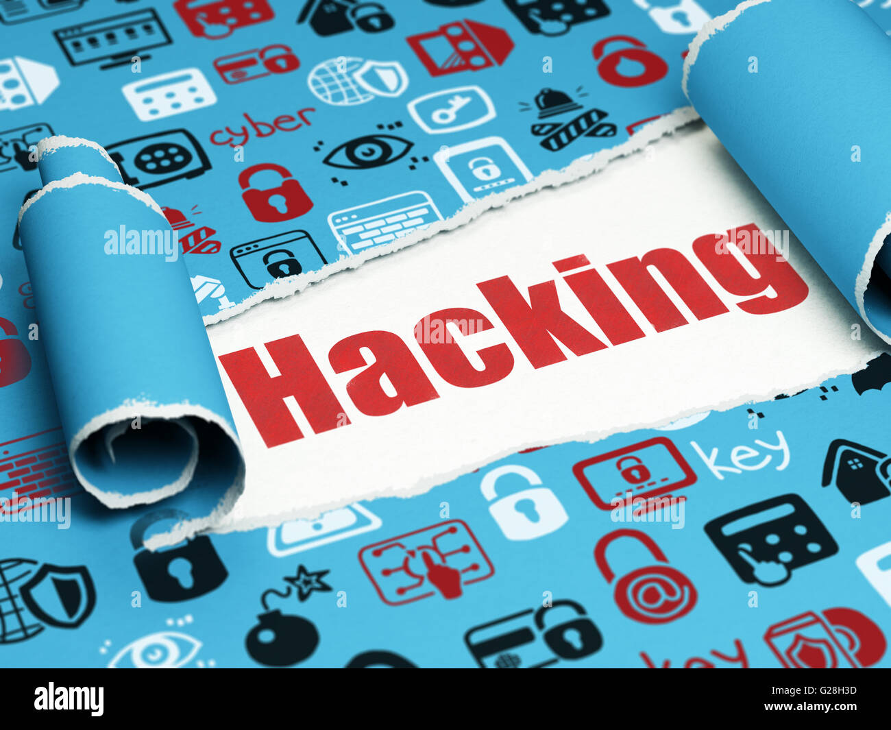 Security concept: red text Hacking under the piece of torn paper Stock ...