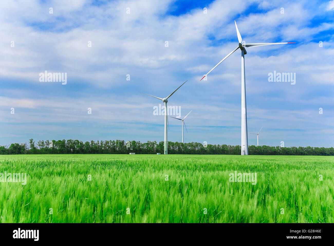 Wind power energy. Green field and wind turbines generating electricity ...