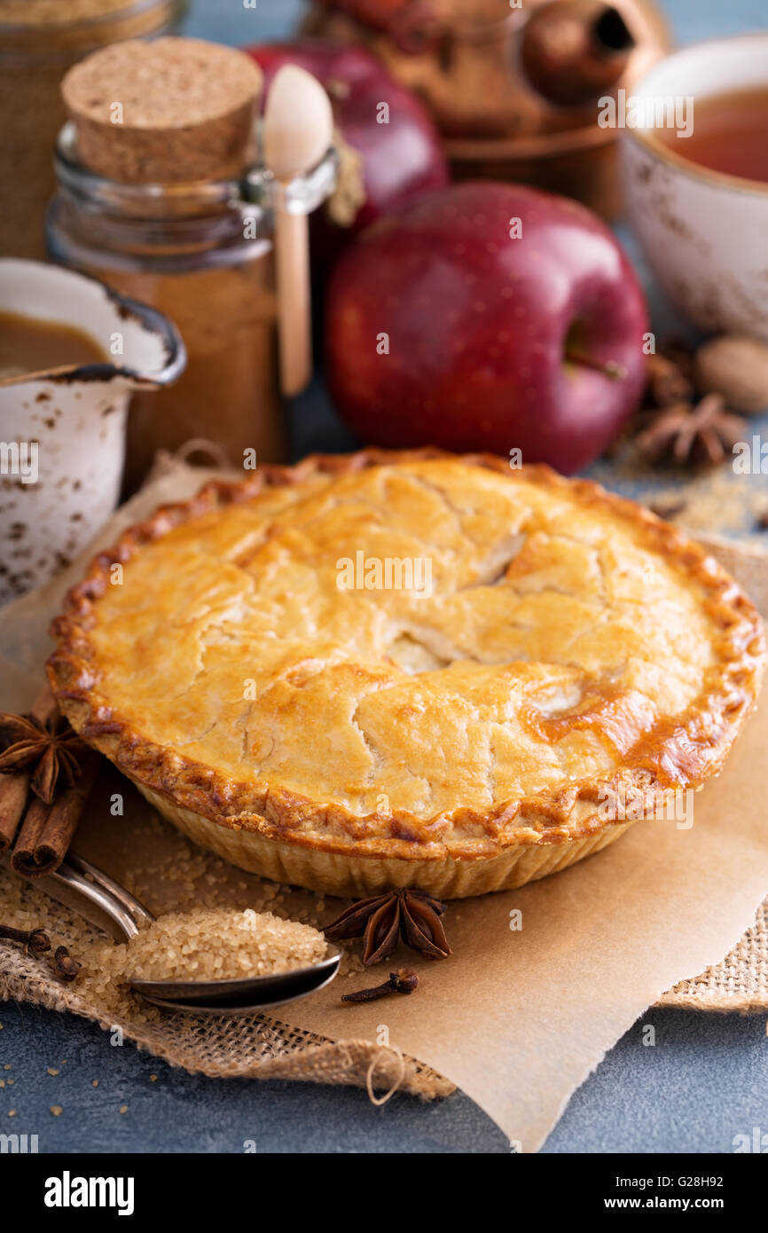 Apple pie with caramel syrup and cinnamon Stock Photo - Alamy