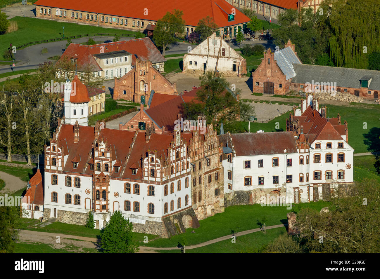 Aerial view, Schloss Basedow, Basedow, Mecklenburg Lake District ...