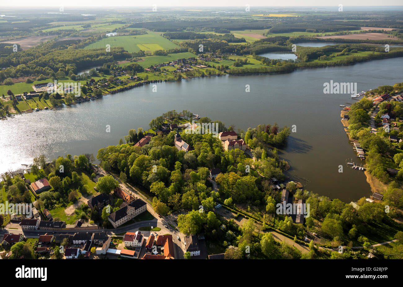 Aerial view, Castle Church Johanniterkirche on the castle island Mirow ...