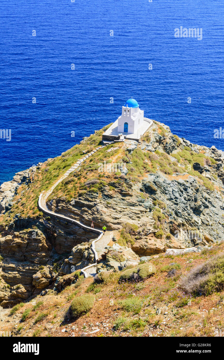 Whitewashed blue domed Church of Seven Martyrs, Sifnos Island, Greece ...