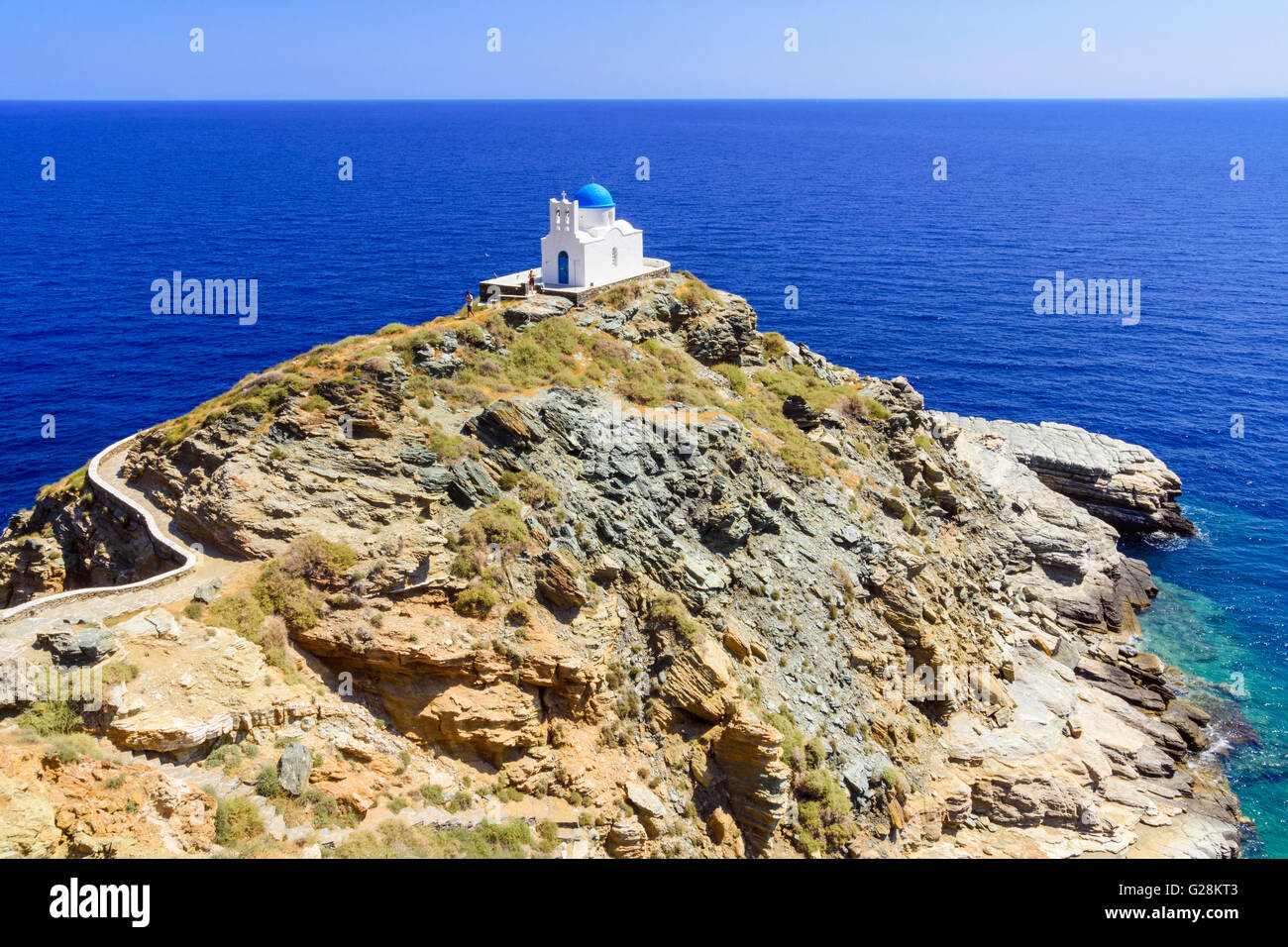 Whitewashed blue domed Church of Seven Martyrs, Sifnos Island, Greece ...