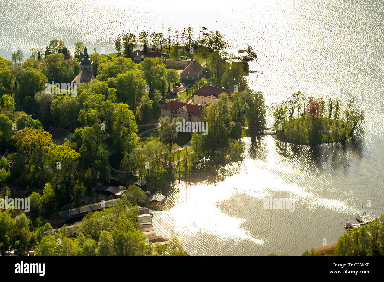 Aerial view, Castle Church Johanniterkirche on the castle island Mirow ...
