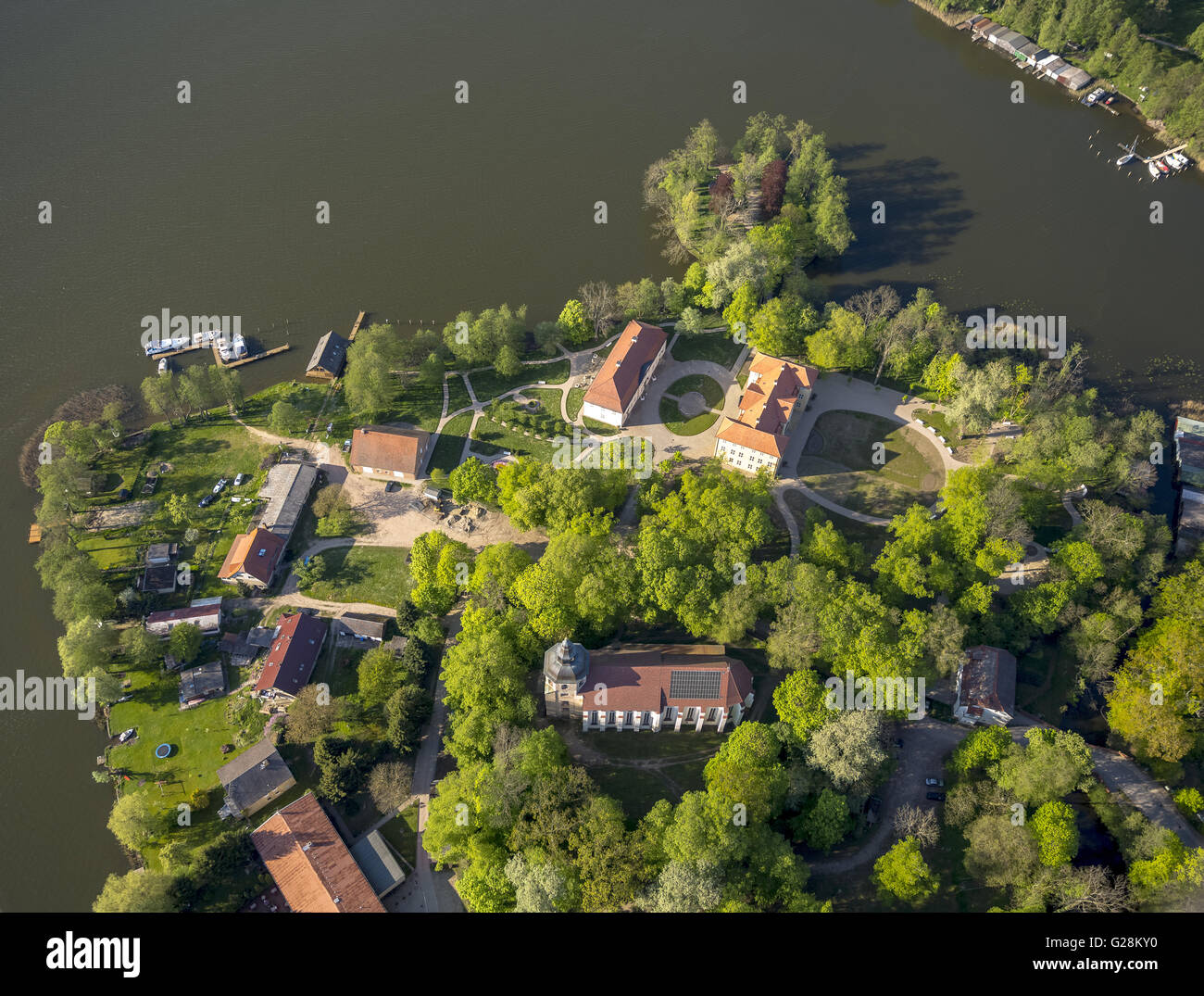 Aerial view, Castle Church Johanniterkirche on the castle island Mirow ...
