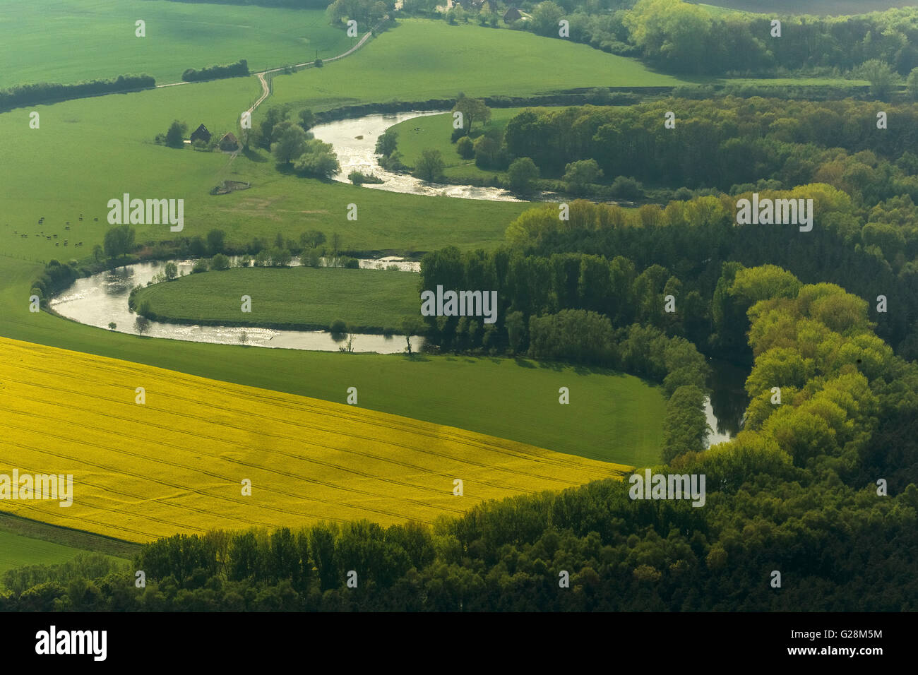 Aerial view, Olfen, Lippe Lippeauen, Lippe extending, lip meander with ...