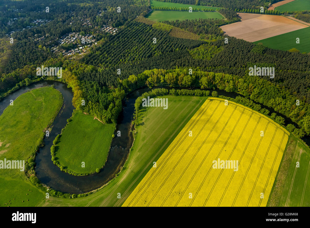 Aerial view, Olfen, Lippe Lippeauen, Lippe extending, lip meander with ...