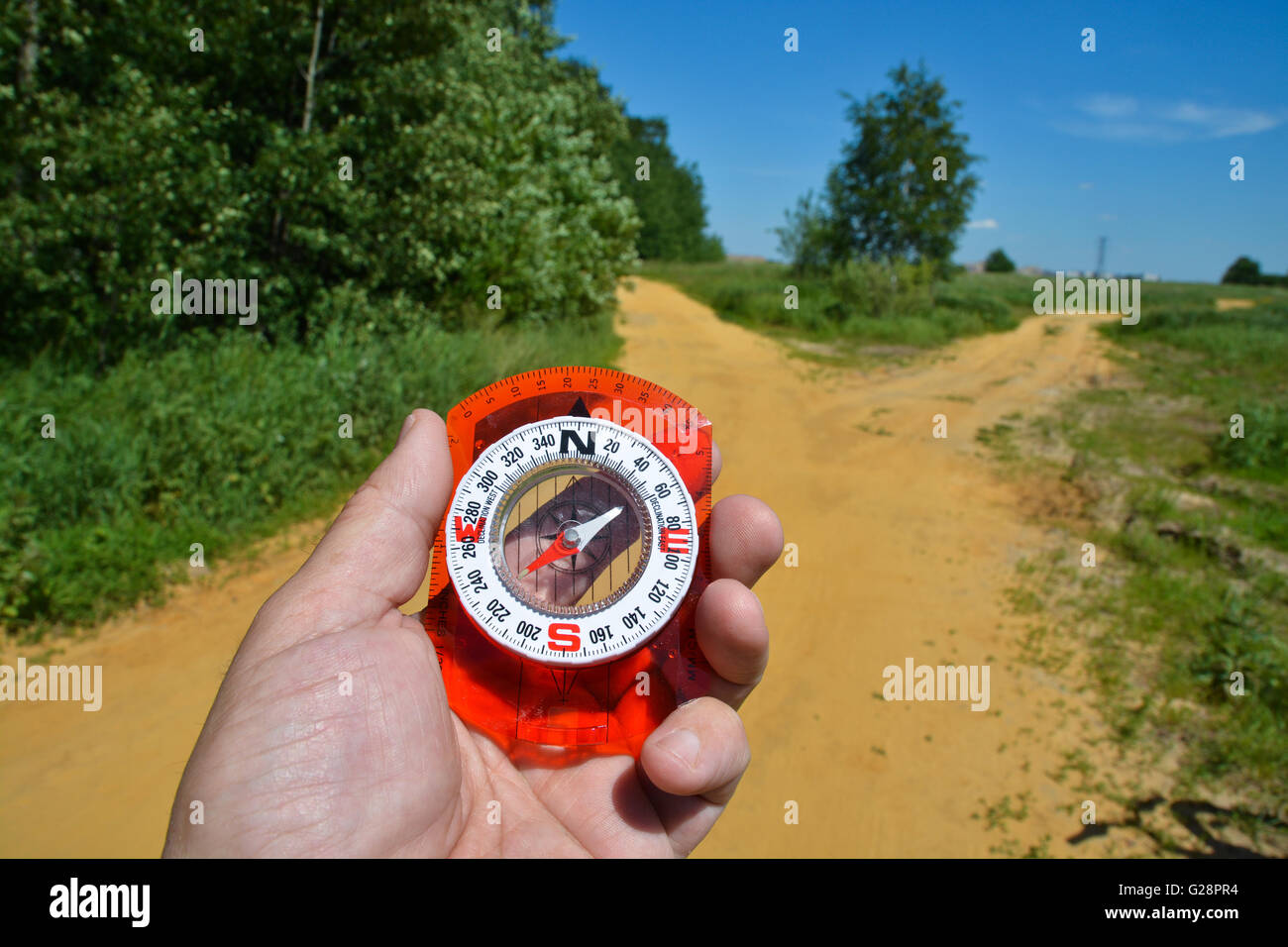Before the fork with a compass. Hand with compass on background of the ...