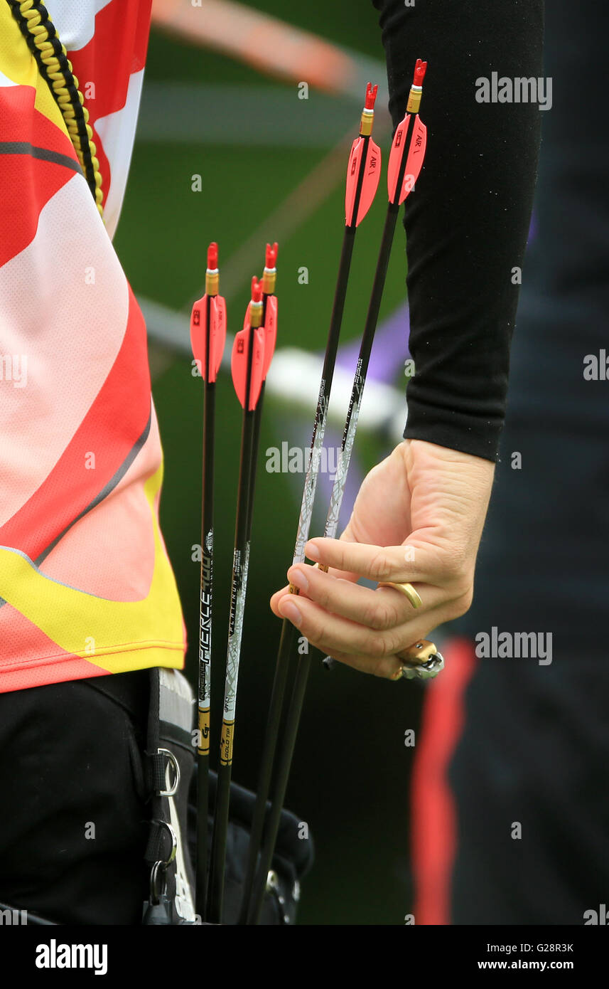 An archer retrieves an arrow during the European Archery Championships ...
