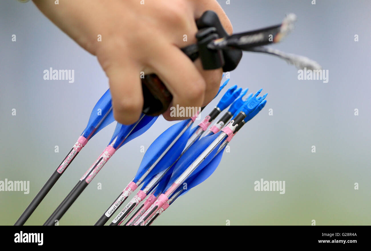 Great Britain's Bryony Pitman retrieves an arrow during the European ...