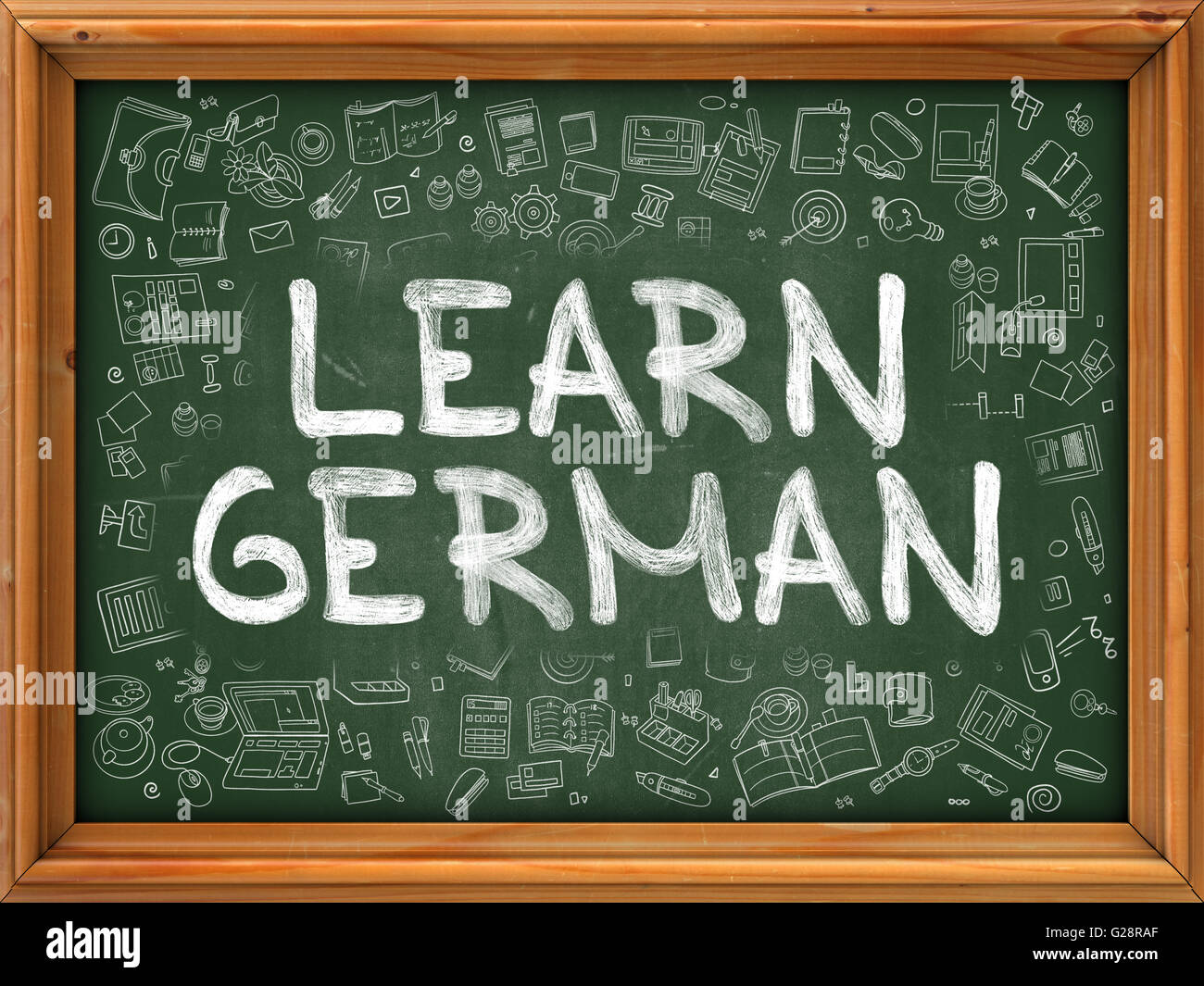 Learn German Concept. Green Chalkboard with Doodle Icons Stock Photo ...