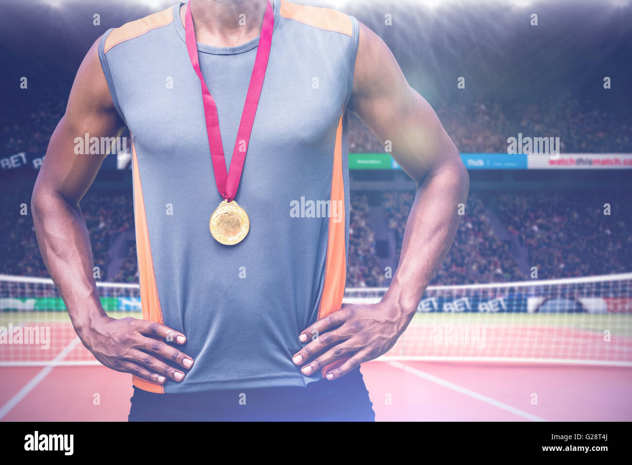 Composite image of portrait of sportsman chest with medals Stock Photo ...