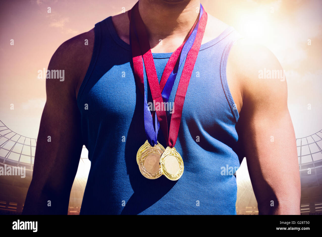 Composite image of portrait of sportsman chest with medals Stock Photo ...