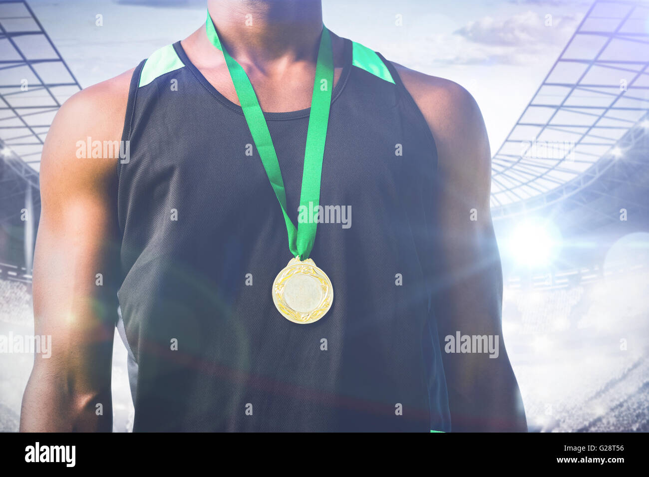 Composite image of portrait of sportsman chest with a medal Stock Photo ...