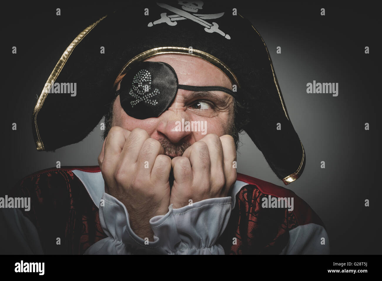 Fear pirate with eye patch and old hat with funny faces and expressive ...