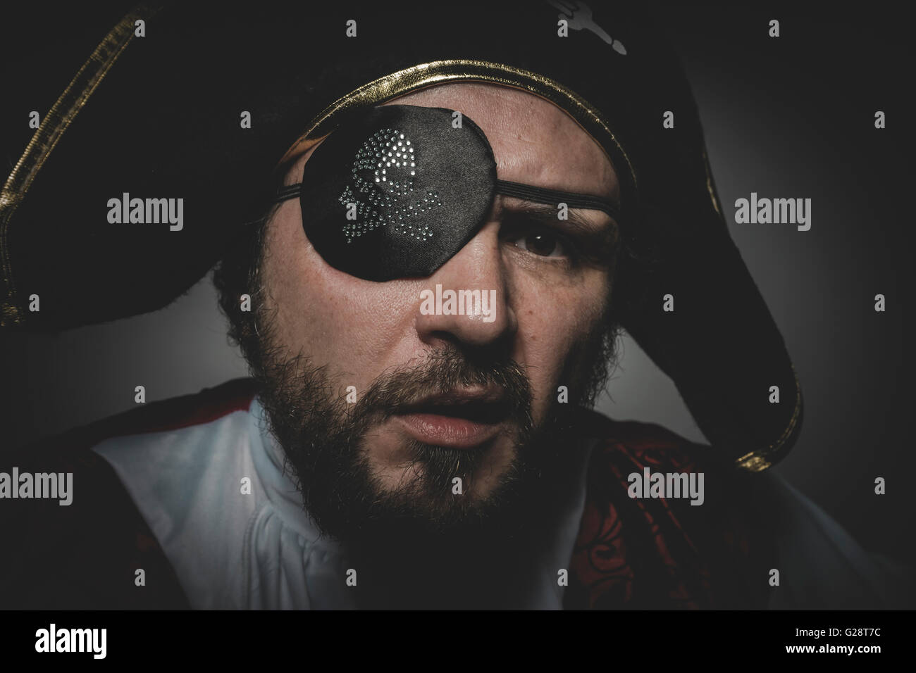 man pirate with eye patch and old hat with funny faces and expressive ...