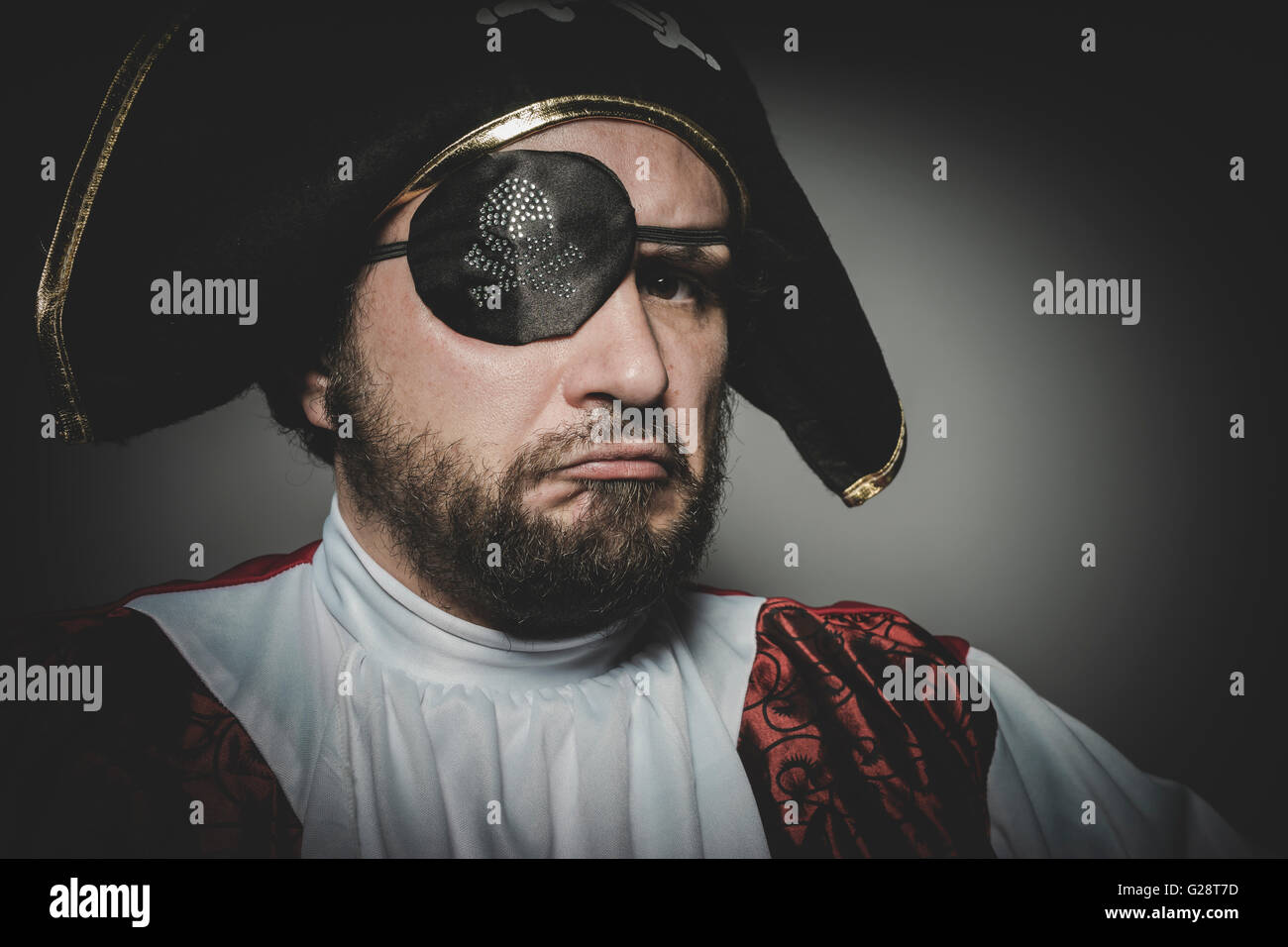 Angry man pirate with eye patch and old hat with funny faces and ...