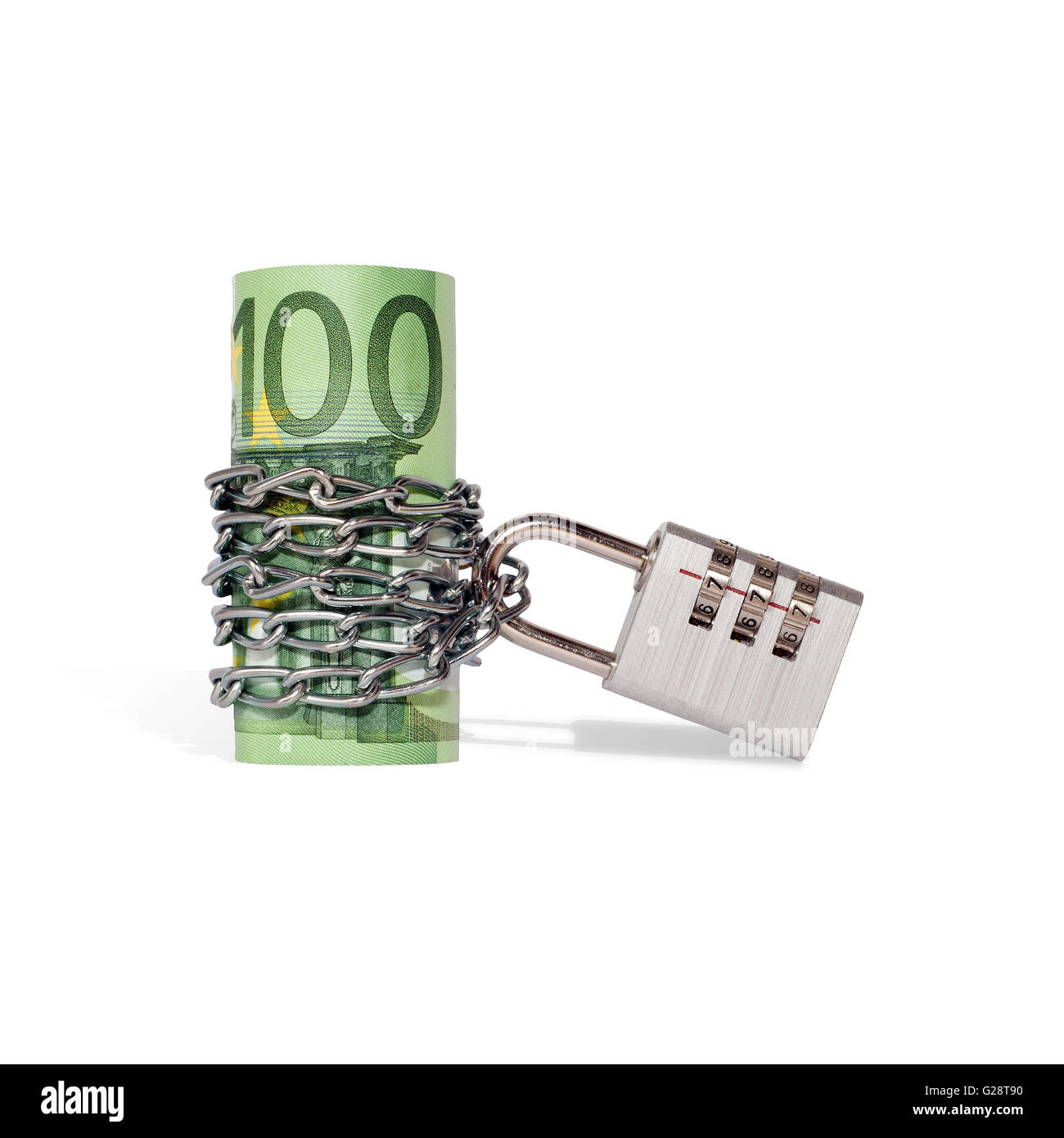 Locked money (euro notes) isolated on white. Financial security, money ...