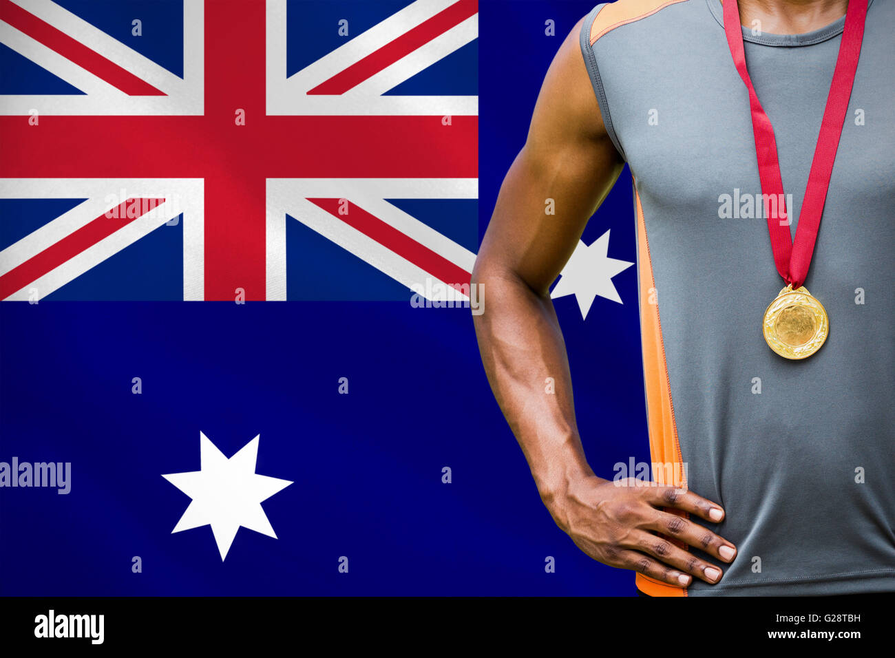 Composite image of portrait of sportsman chest with medals Stock Photo ...