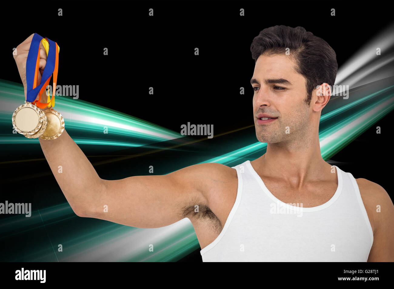Composite image of athlete posing with gold medals Stock Photo - Alamy