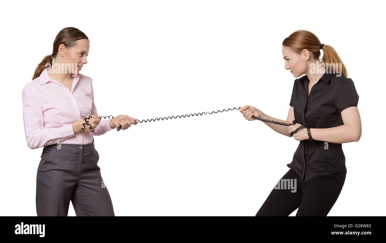 office business workers pulling on a telephone wire in a tug of war ...