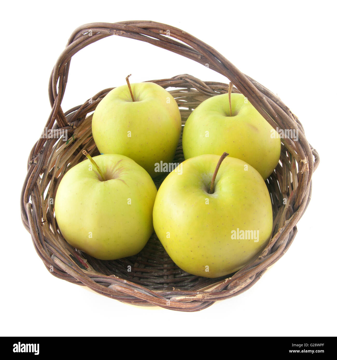 Four green apples in a wicker basket - isolated on white Stock Photo ...