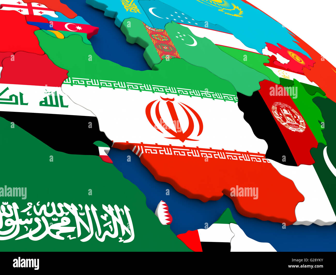 Map of Iran on globe with embedded flags of countries. 3D illustration ...