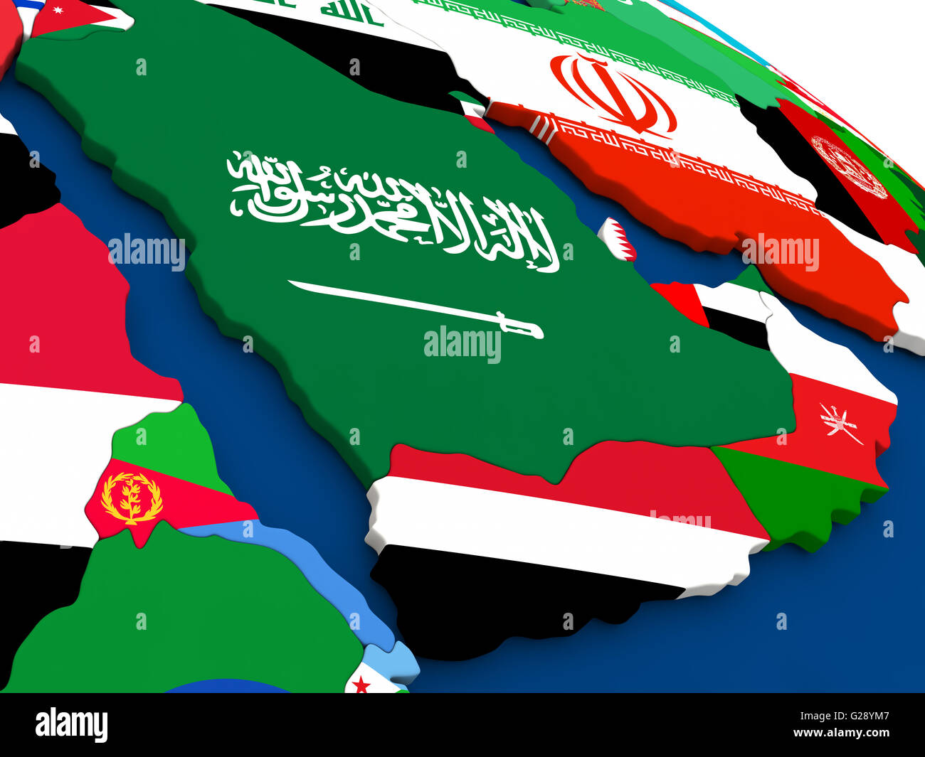 Map of Arab peninsula on globe with embedded flags of countries. 3D ...