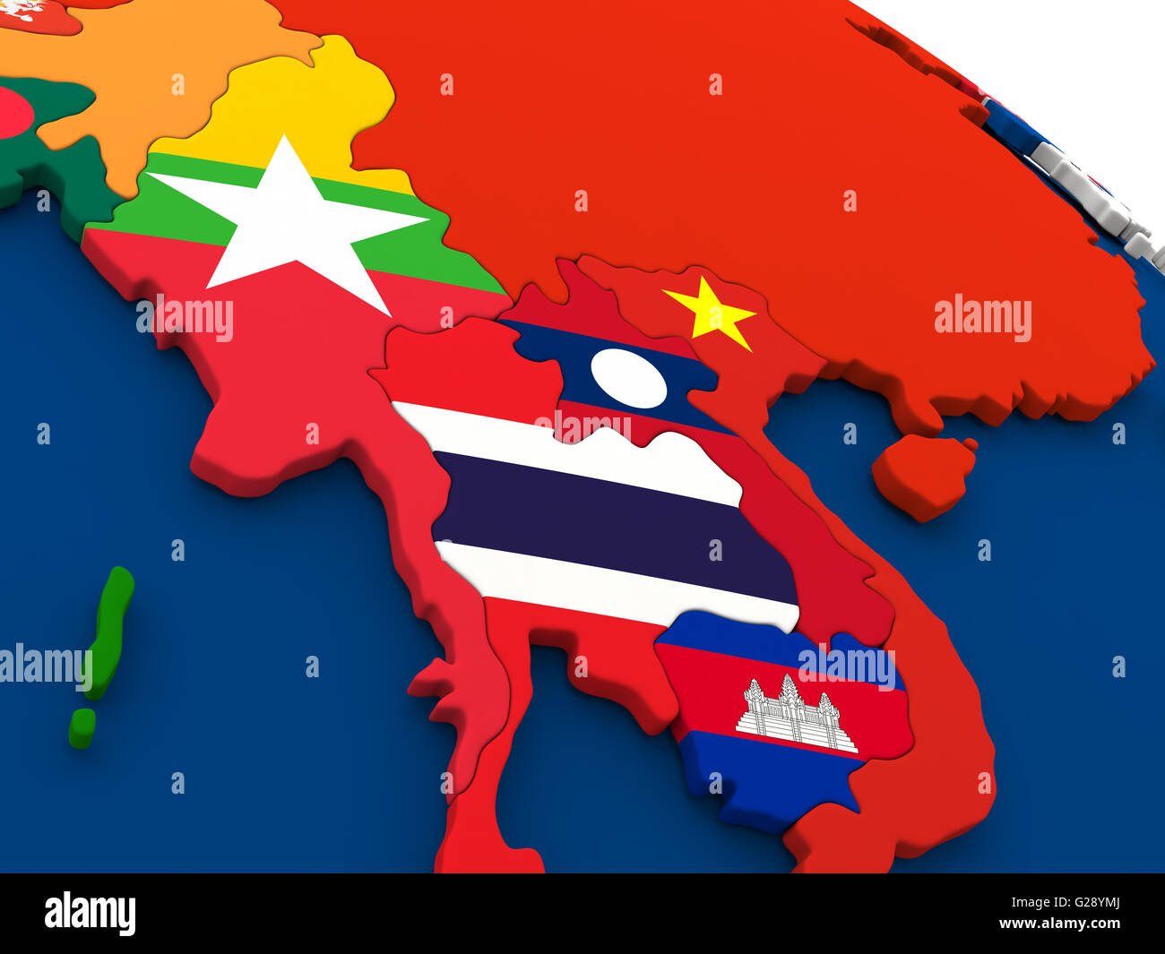 Map of Myanmar on globe with embedded flags of countries. 3D ...