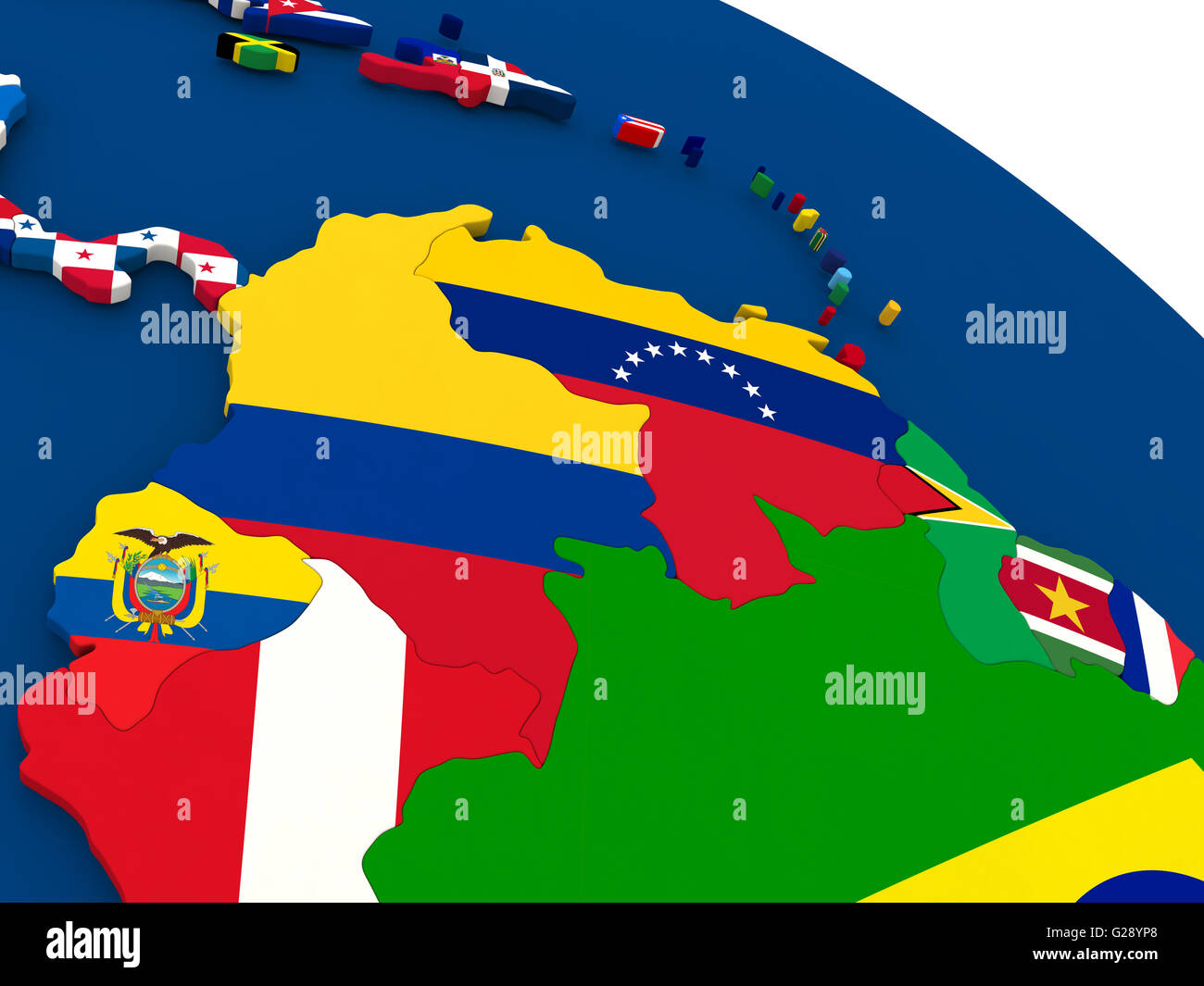 Map of Colombia and Venezuela on globe with embedded flags of countries ...