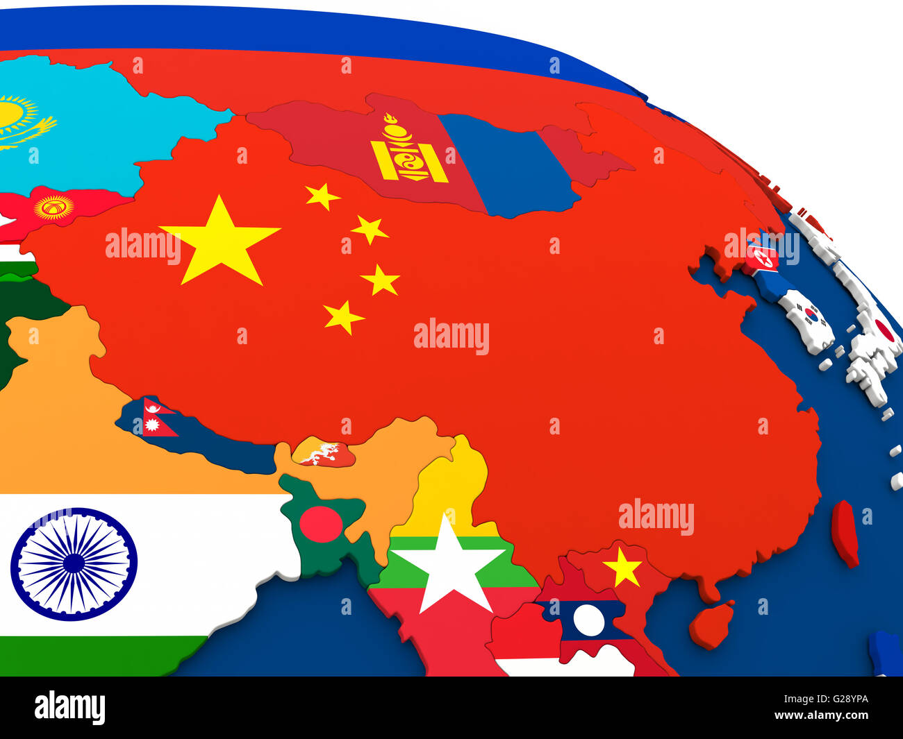 Map of China on globe with embedded flags of countries. 3D illustration ...
